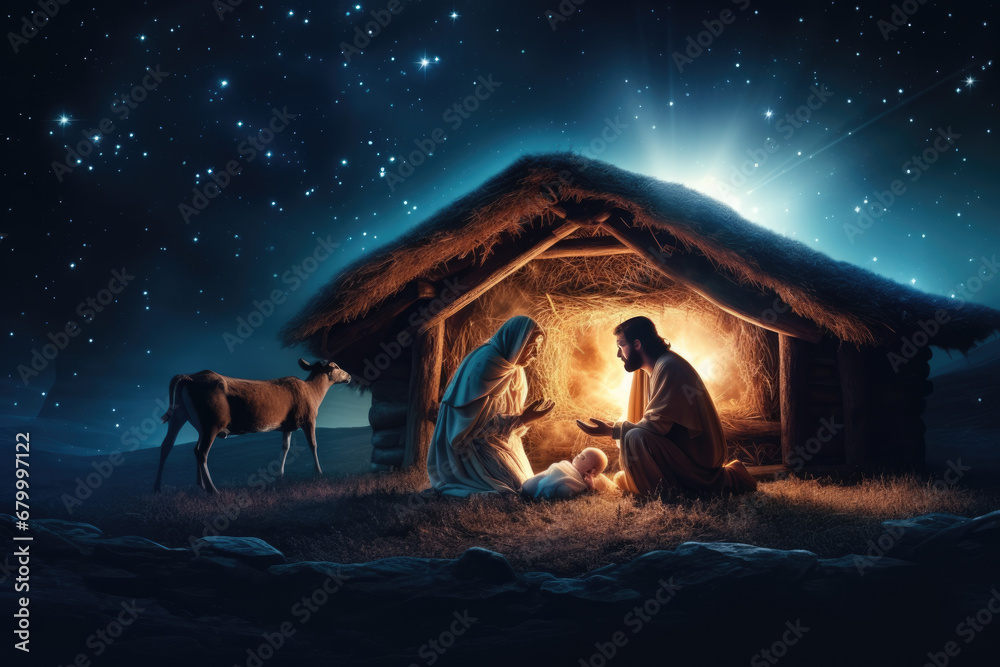 Nativity scene with Mary, Joseph and newborn baby Jesus. Christian ...