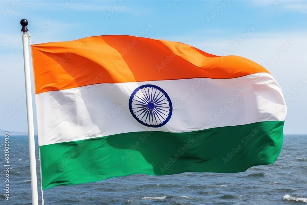 Indian flag waving proudly over the vast sea, symbolizing patriotism ...
