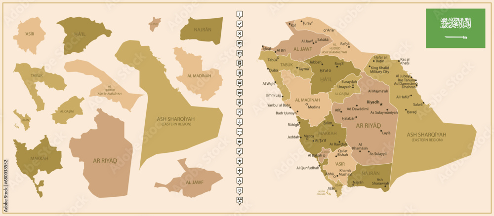 Saudi Arabia - detailed map of the country in brown colors, divided ...
