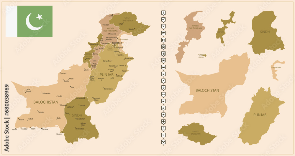 Vector de Stock Pakistan - detailed map of the country in brown colors ...