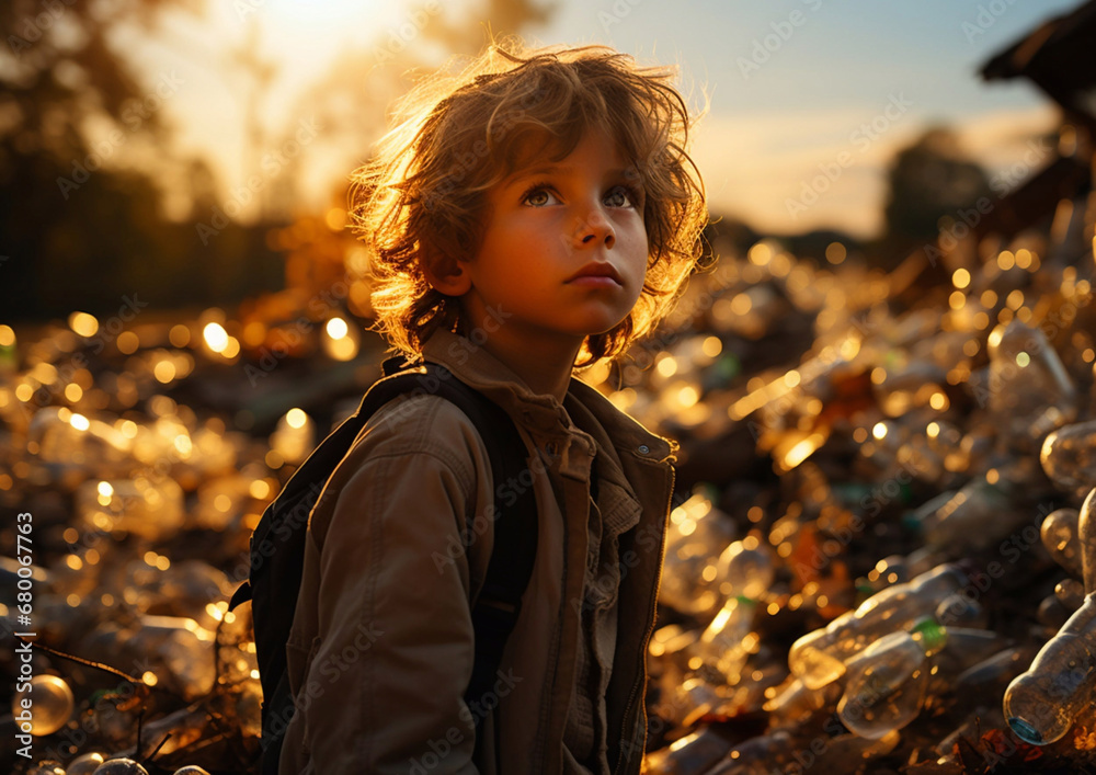 Street with plastic waste garbage with little poor boy standing in it ...