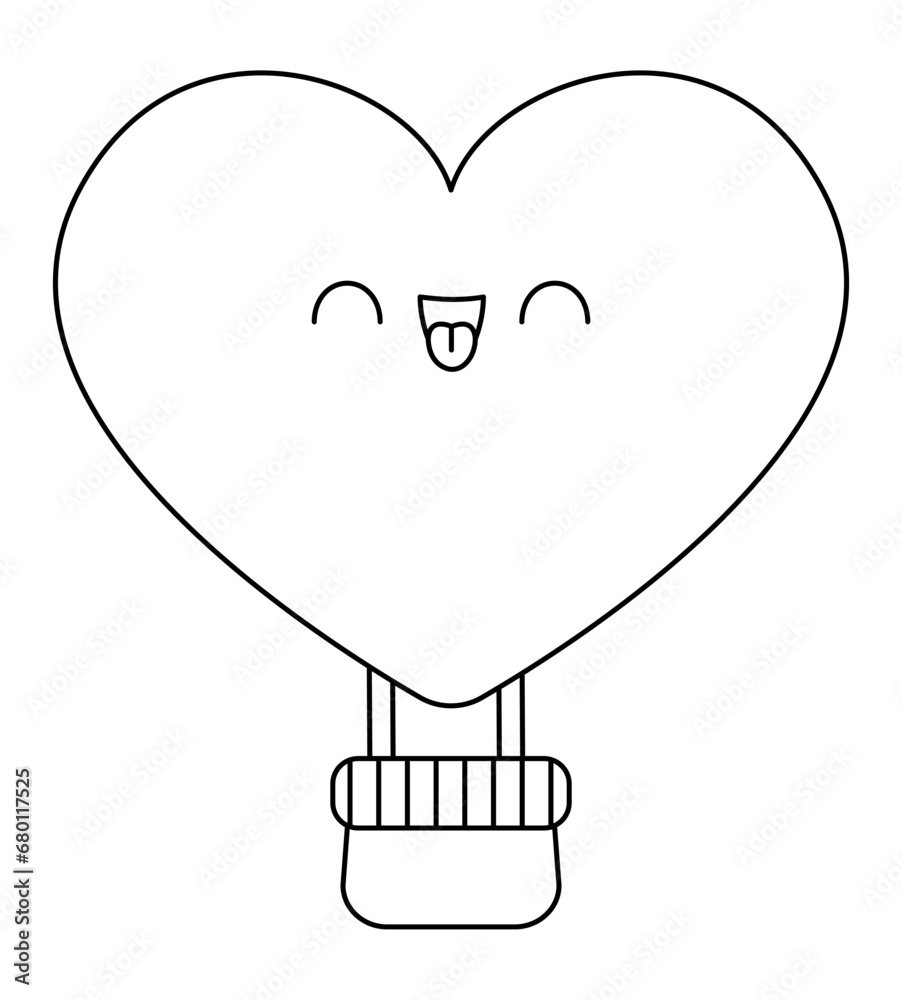Vector black and white kawaii heart shaped hot air balloon icon. Line ...