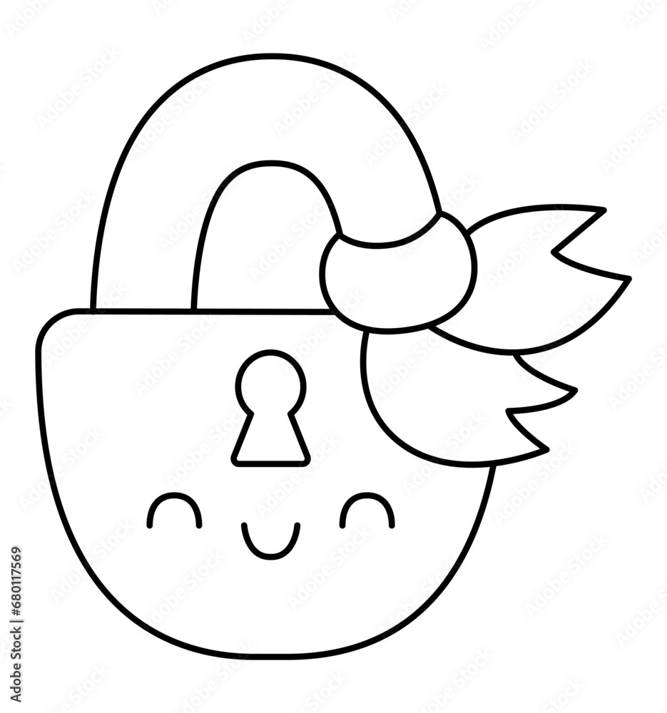 Vector black and white kawaii lock with ribbon. Line smiling locker ...