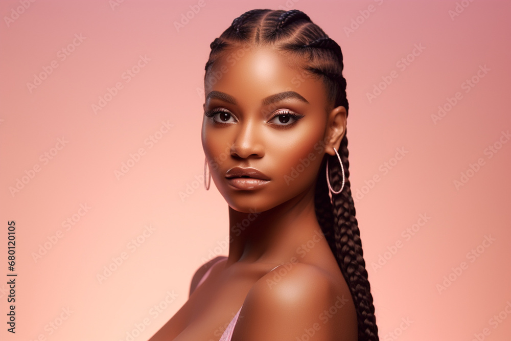 The portrait of an attractive young black female model in pink outfit ...
