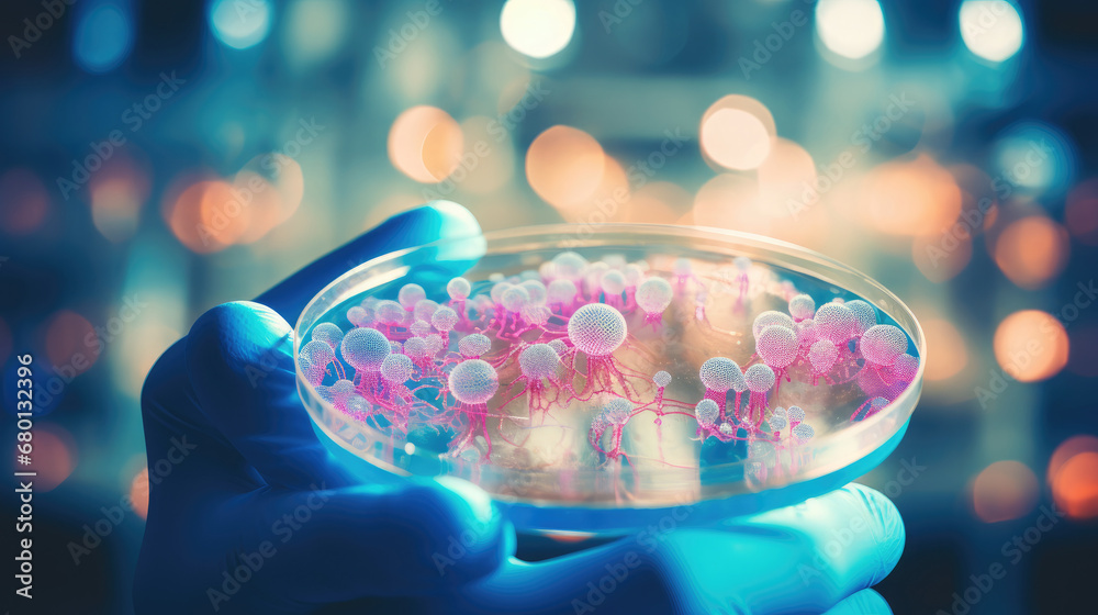 Scientist's hand holding the bacteria colonies growing petri dish over ...