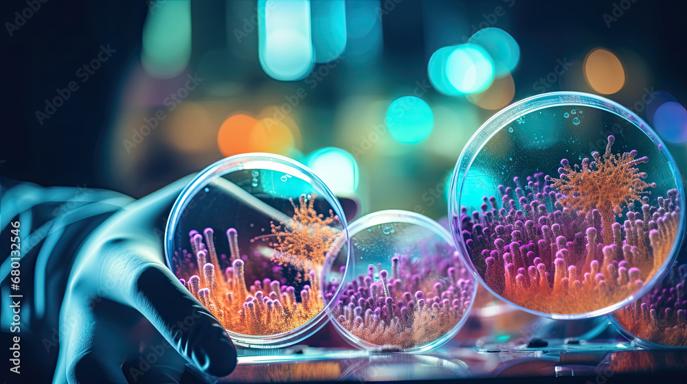 Scientist's hand holding the bacteria colonies growing petri dish over ...