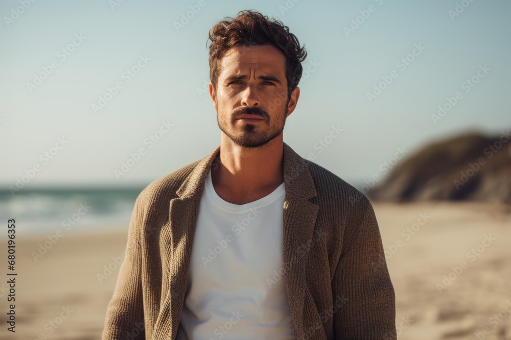 Portrait of a tender man in his 30s wearing a chic cardigan against a ...