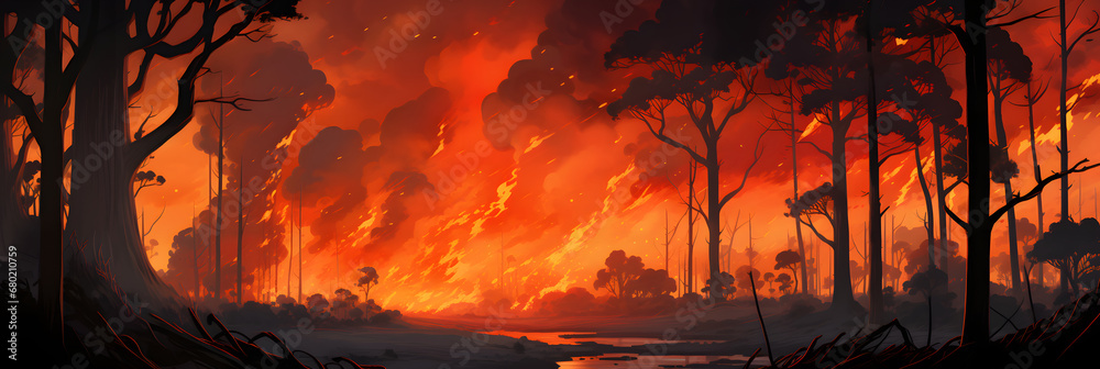 panorama of a forest fire, burning trees and bushes. conflagration ...