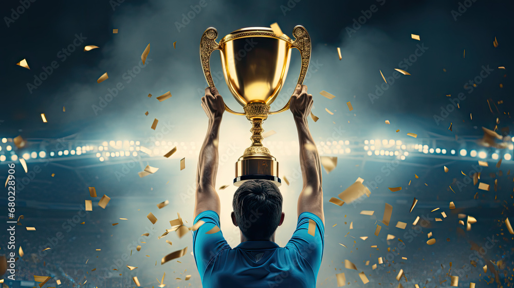 football player brandishing a gold cup, man holding up a trophy from ...