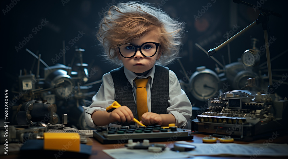 Precocious Young Inventor at Work: Child Genius with Windswept Hair ...