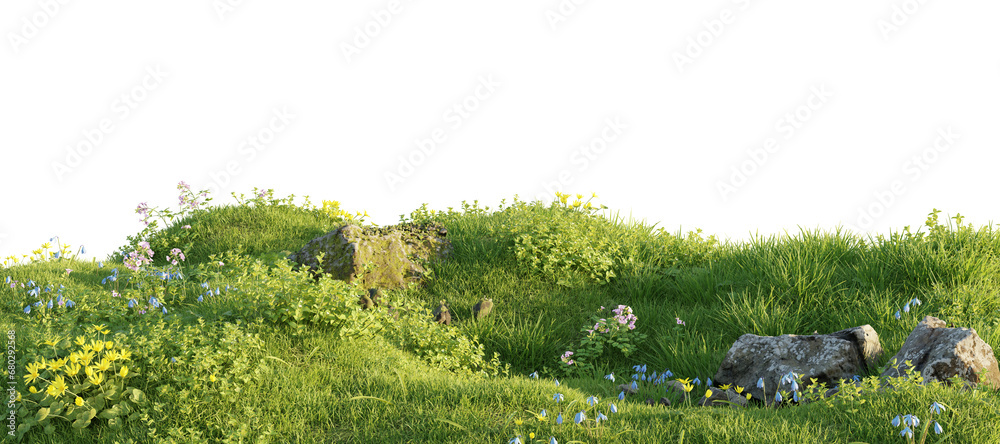 Verdant Hill Blooming with Yellow Flowers in Spring. 3D render. Stock ...