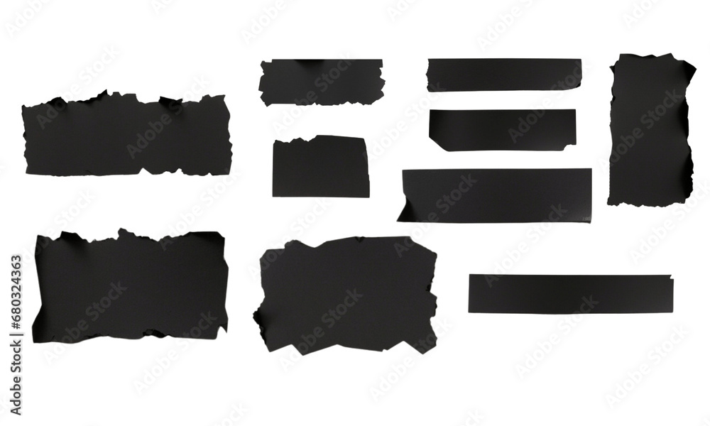 Set of black ripped textured paper strips, scraps, and tape isolated on ...