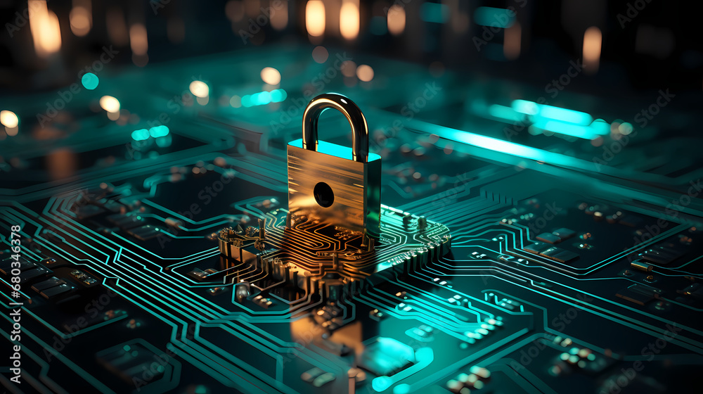 Padlock on top of computer circuit board poster web page PPT background, digital technology ...
