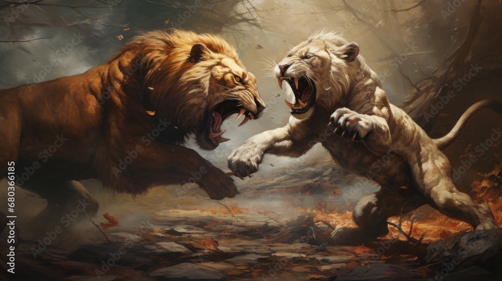 lion vs angry tiger background wallpaper ai generated image Stock ...