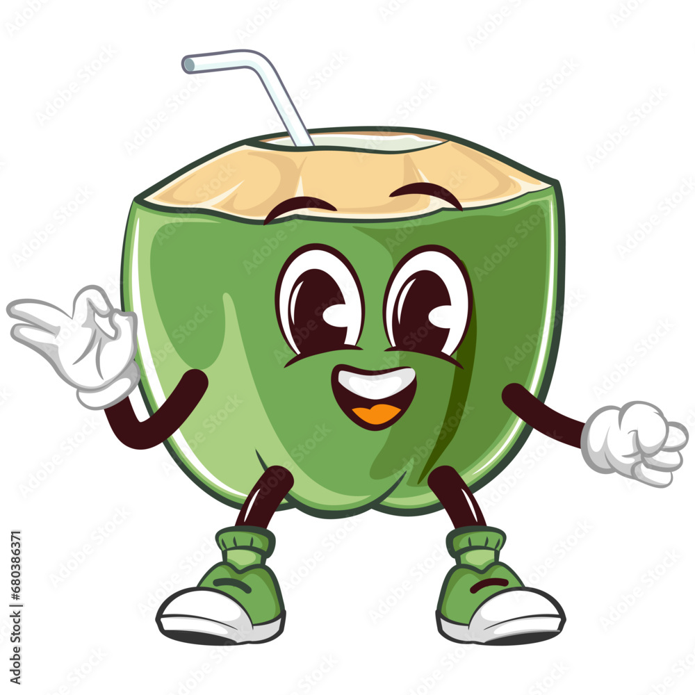 coconut drink character mascot with a straw with a funny face giving an ...