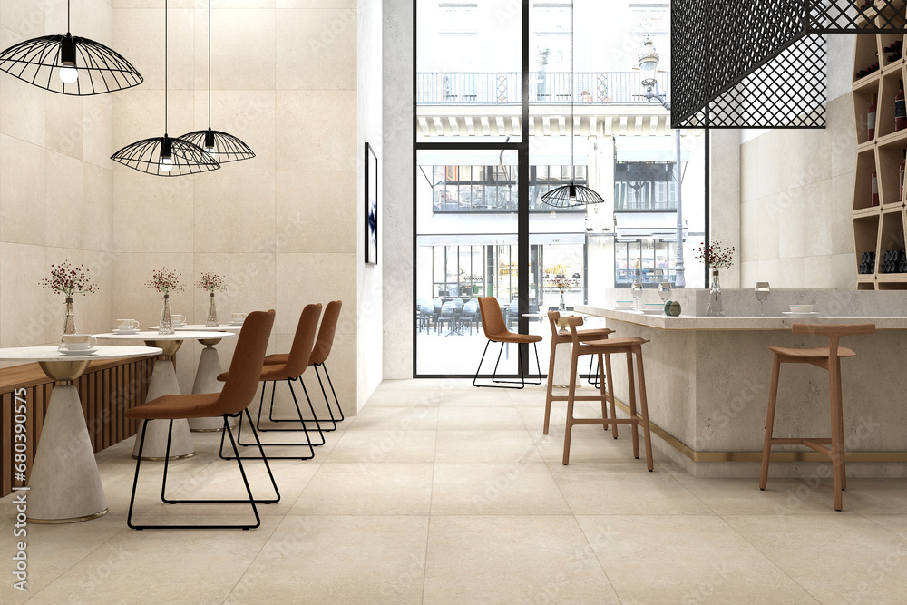 Interior of modern restaurant with beige walls, marble floor, circular ...