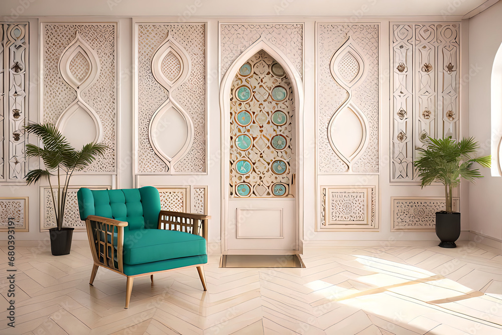 Arabic, Islamic style interior. Rattan chair, table and arabic pattern ...