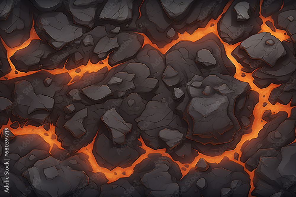 Top-down, illustrated asset of a rocky path split by streams of lava, game background setting ...