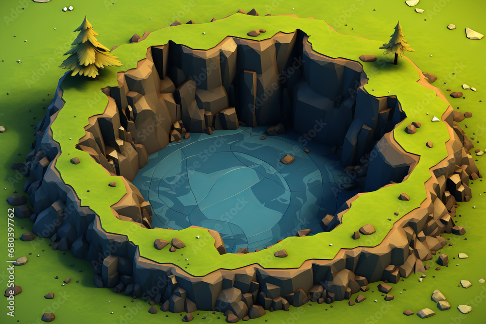 Top-down, isometric illustrated asset of a crater filled with water in the middle of the plains ...