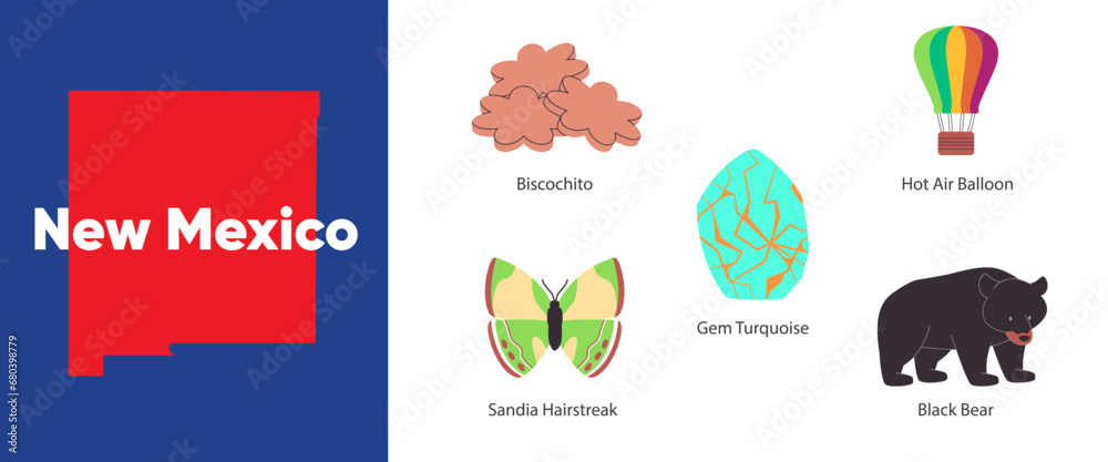 New Mexico states of symbol object of biscochitos hot air balloon gem ...