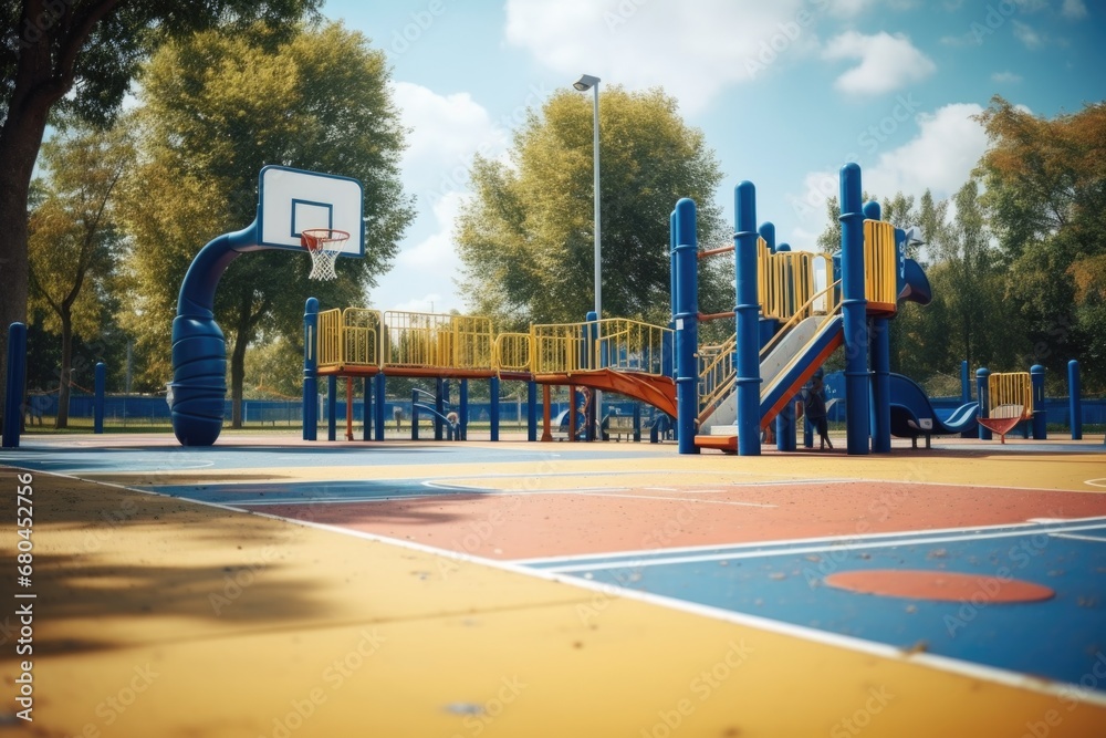 A picture of a playground featuring a basketball court and a slide ...