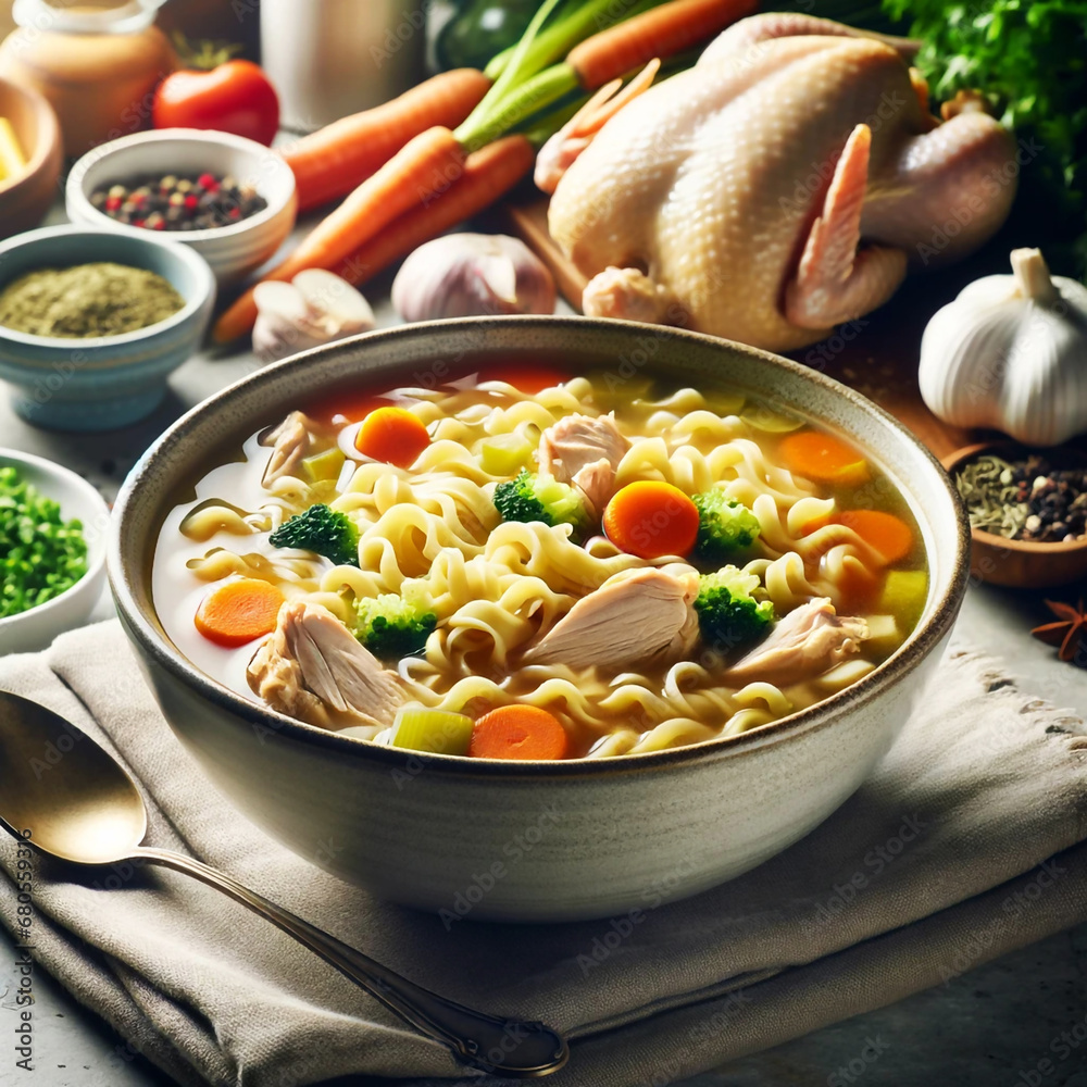 Classic Chicken Noodle Soup for Comfort. Illustration for banner, food ...