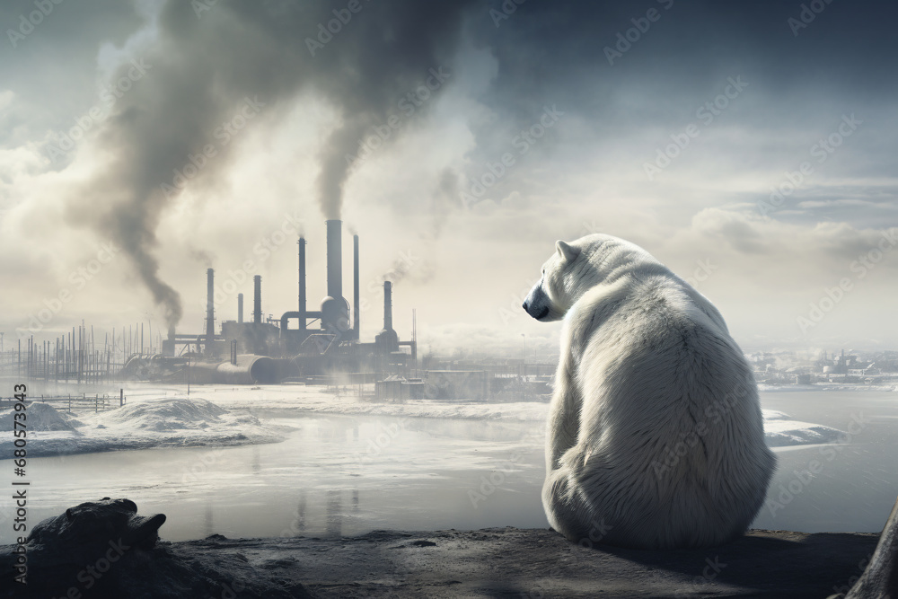 A sad polar bear sitting in front of a factory polluting the atmosphere ...