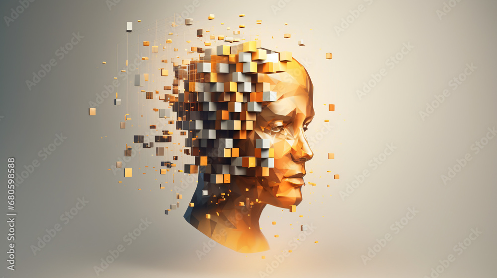Abstract digital human head constructing from cubes. Minimalistic ...