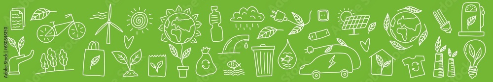 A horizontal collection of environmental symbols and signs drawn by a ...