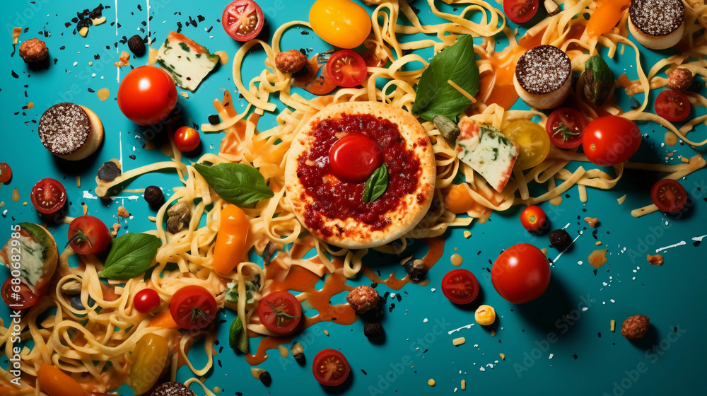 abstract mash-up of various iconic foods (pizza, hamburger, tacos ...