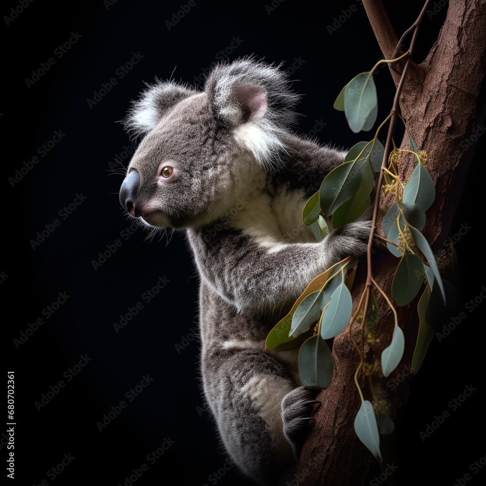 This realistic drawing of a young koala in profile climbing a small ...
