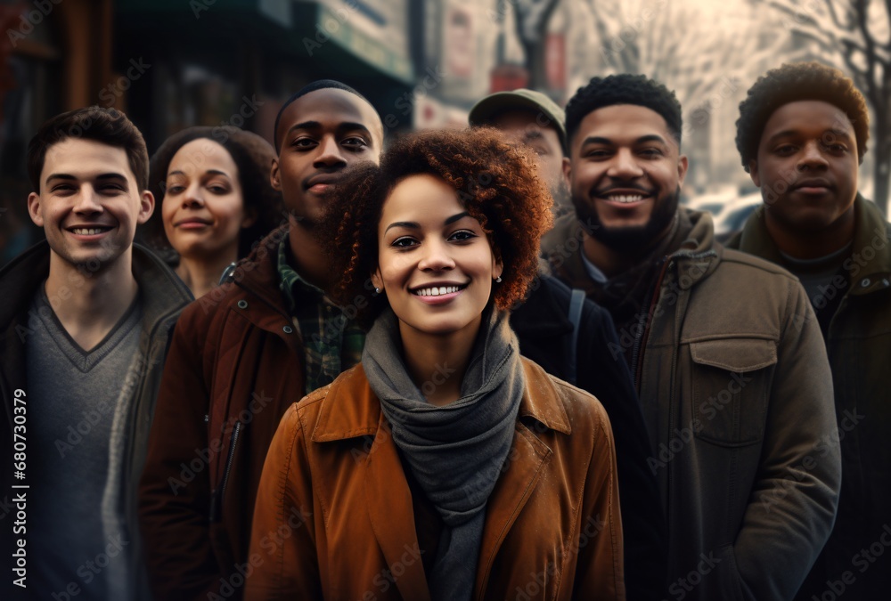 black white and brown people in a crowd smiling at a sidewalk shift ...