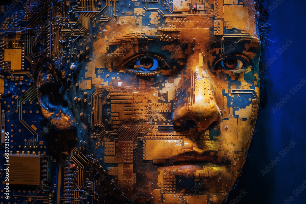 In a futuristic scene, a human merges seamlessly with mosaics and ...