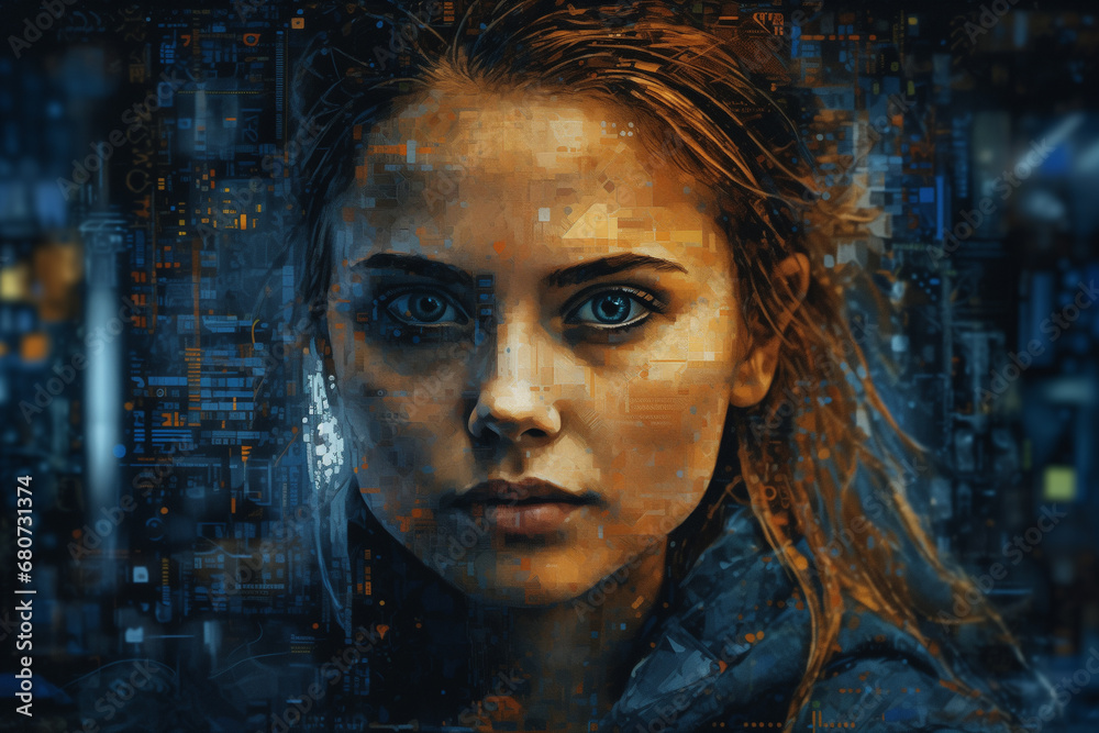 In a futuristic scene, a human merges seamlessly with mosaics and ...