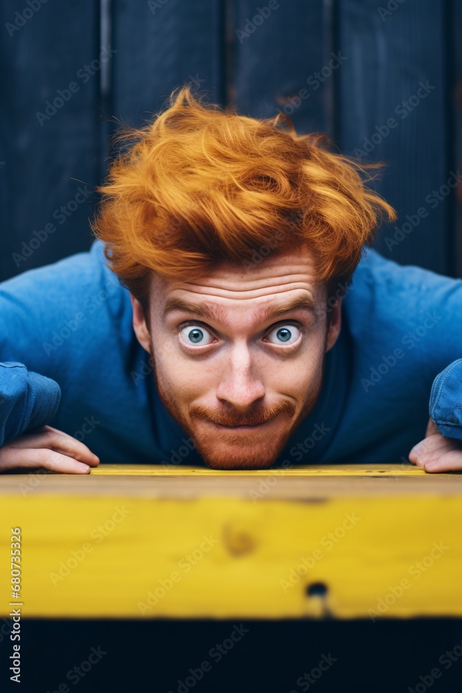 man has red hair and is making jokes, foreshortening techniques, yellow ...