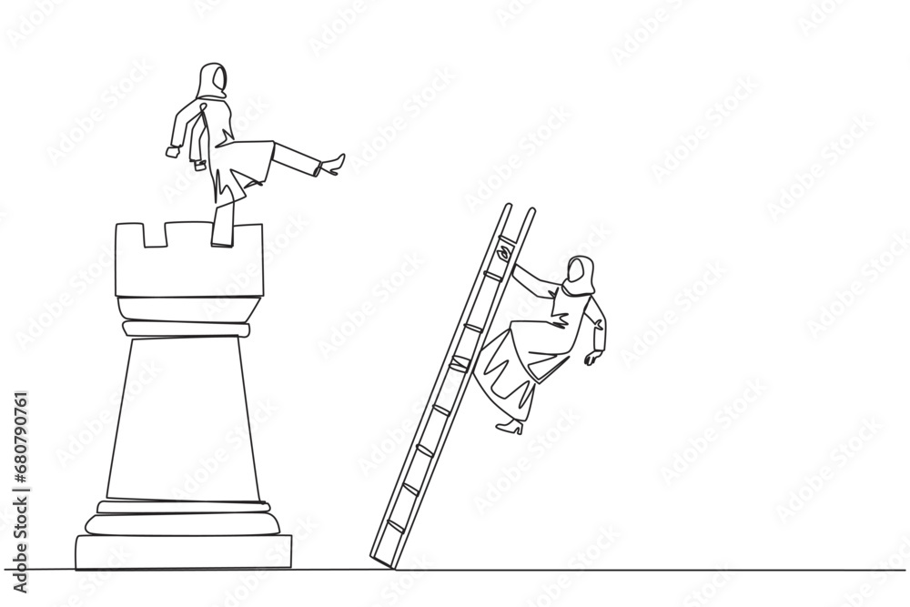 Continuous one line drawing Arab businesswoman kicks rival who climbs ...