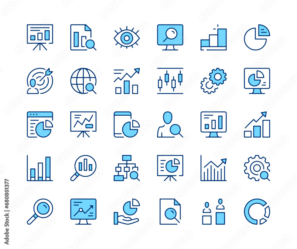 Data analysis icons set. Vector line icons. Blue color outline stroke ...