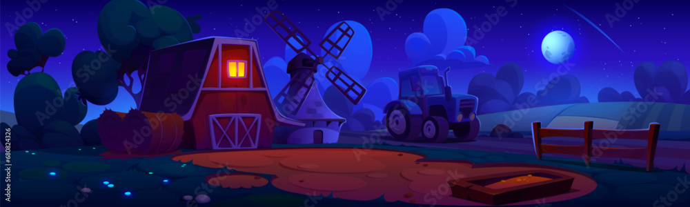 Night farm yard with tractor under starry sky. Vector cartoon ...