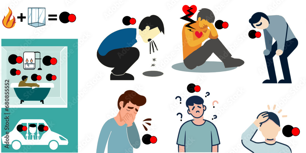 Dangers of carbon monoxide poisoning and symptoms vector graphics ...