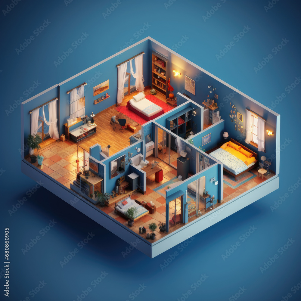 3D model house floor plan with a view of furnished rooms inside ...