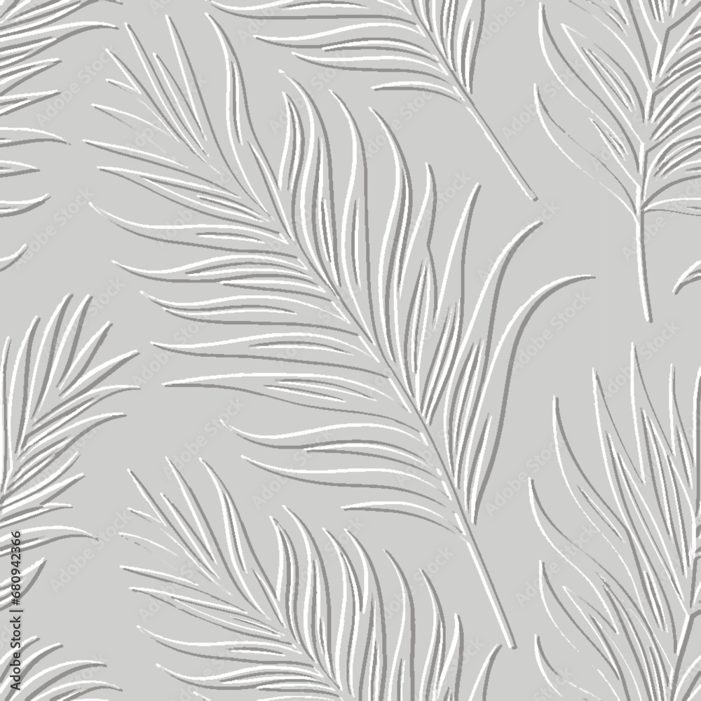 Textured floral line art palm leaves 3d seamless pattern. Tropical ...