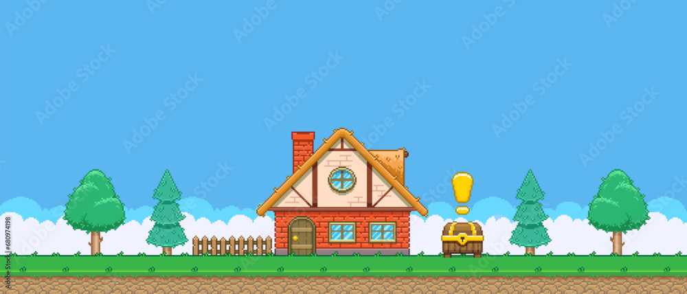 8bit colorful simple vector pixel art horizontal illustration of ...