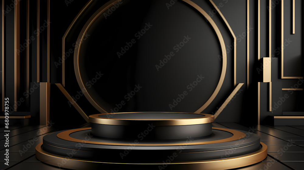 3d rendering black gold background product booth, podium, stage ...