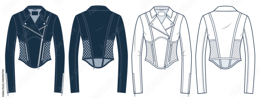 Zip Up Leather Jacket technical fashion illustration. Biker Jacket ...