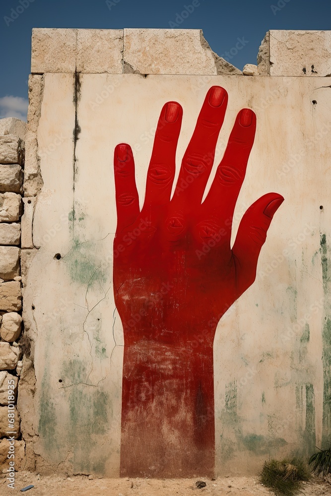 Red painted hand on a broken wall, symbolizing civilian casualties in ...