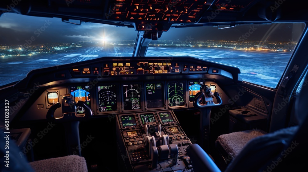 cockpit of a passenger plane airplane interior, pilot seat pilot ...