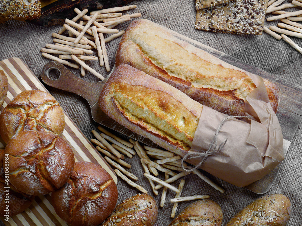 Rye buns, buns with sunflower seeds and linseed, grissini with sesame ...