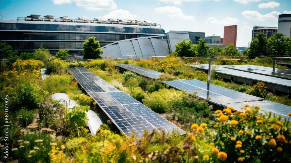 Foto de Stock Green roofs with solar integration. Rooftop garden with integrated solar panels ...