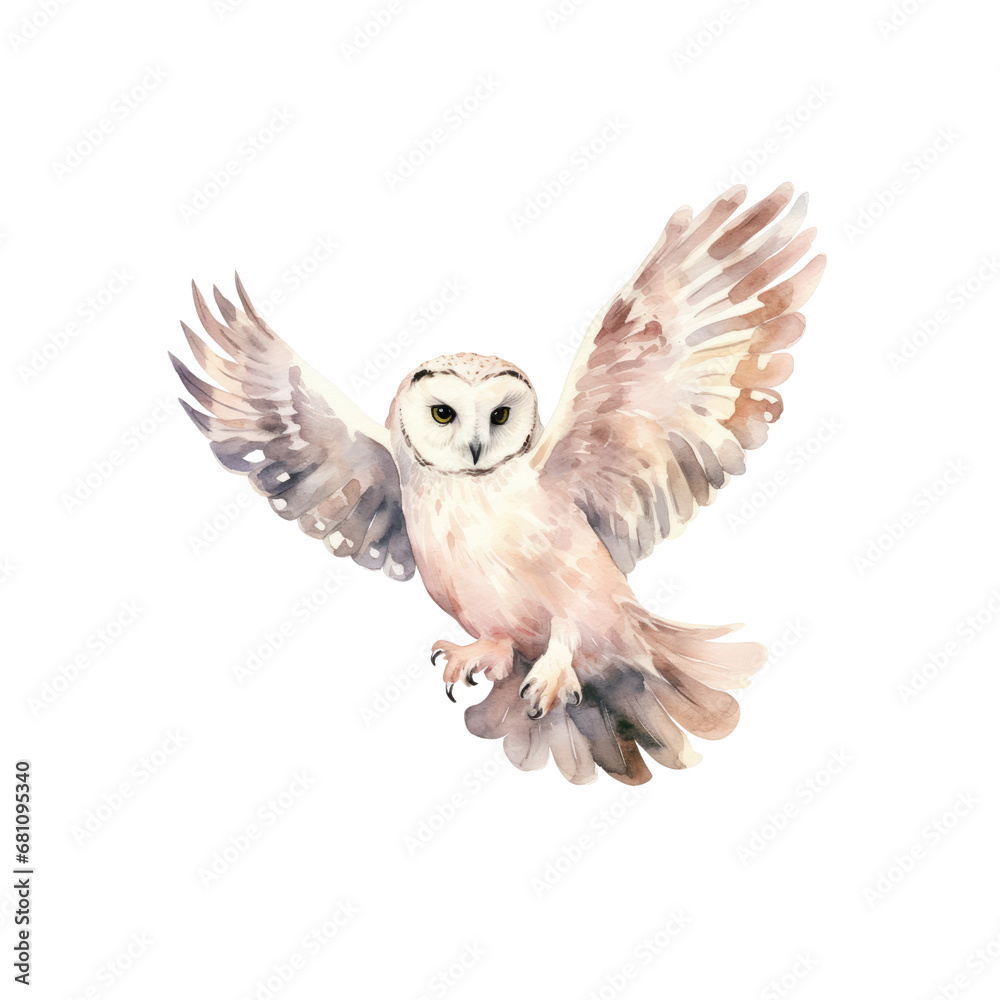 Watercolour paintings of a barn owl isolated on white background as ...