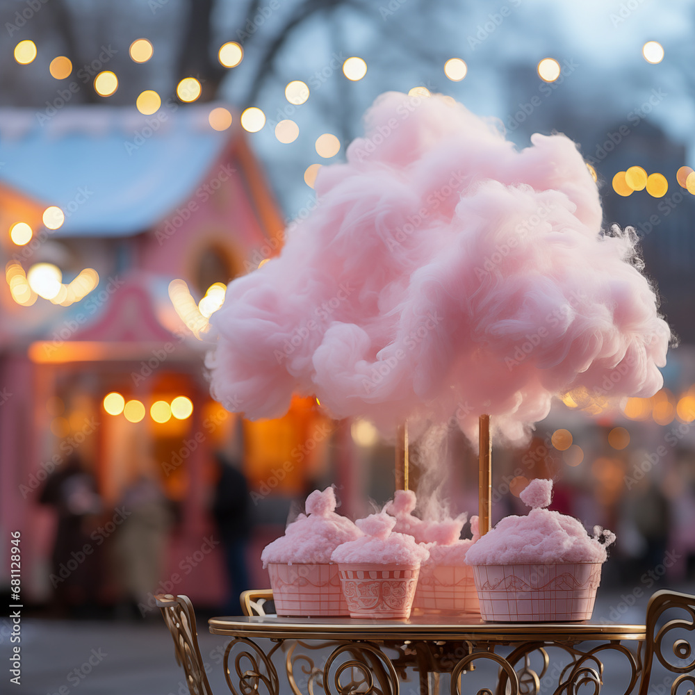 Fluffy Pink Cotton Candy on Sticks Overlooking a Festive Fairground ...